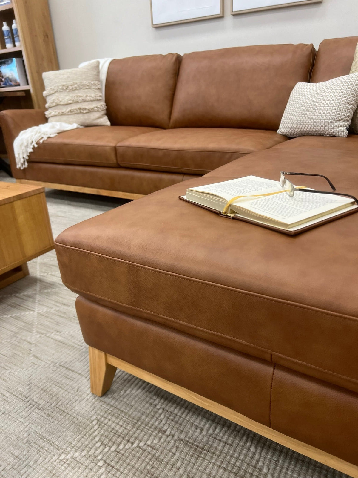 Carson Right Chaise In Tan Leather | Our Furniture Warehouse